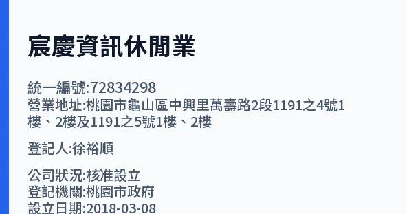 宸慶資訊休閒業的照片-統編 72834298(桃園市) 公司登記資料與營業項目詳細圖表