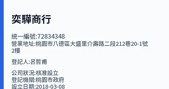 奕驊商行的照片-統編 72834348(桃園市) 公司登記資料與營業項目詳細圖表