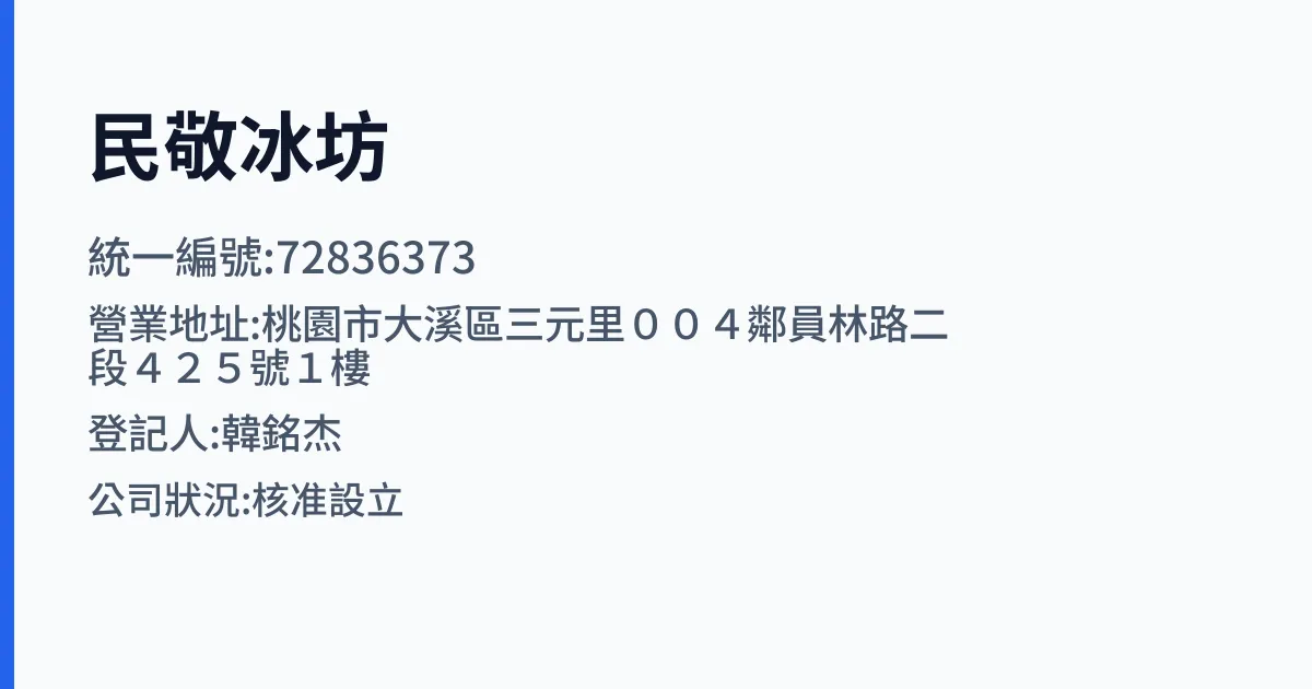 民敬冰坊 - 統編 72836373(桃園市) 公司登記資料與營業項目詳細圖表