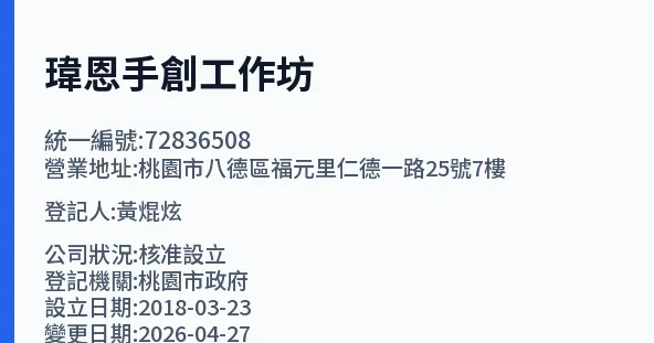 瑋恩手創工作坊的照片-統編 72836508(桃園市) 公司登記資料與營業項目詳細圖表