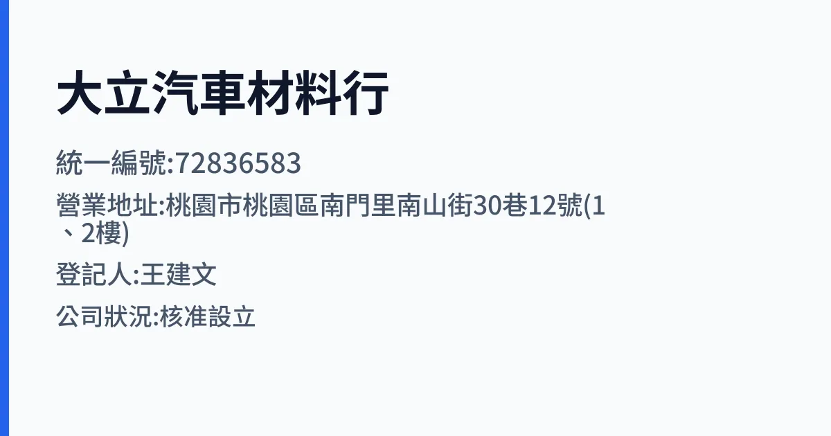 大立汽車材料行 - 統編 72836583(桃園市) 公司登記資料與營業項目詳細圖表