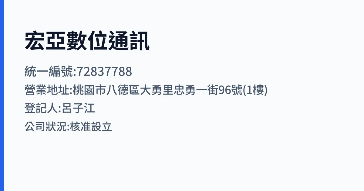 宏亞數位通訊 - 統編 72837788(桃園市) 公司登記資料與營業項目詳細圖表