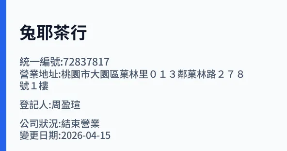 兔耶茶行的照片-統編 72837817(桃園市) 公司登記資料與營業項目詳細圖表