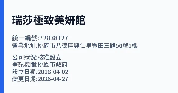 瑞莎極致美妍館的照片-統編 72838127(桃園市) 公司登記資料與營業項目詳細圖表