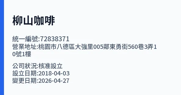 柳山咖啡的照片-統編 72838371(桃園市) 公司登記資料與營業項目詳細圖表