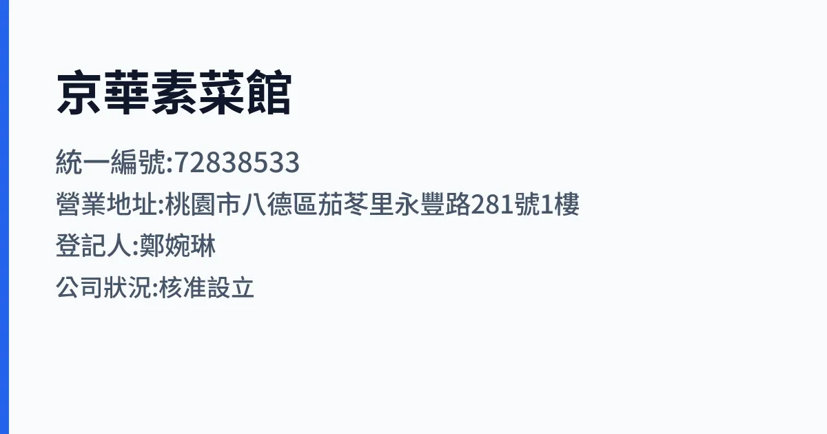 京華素菜館 - 統編 72838533(桃園市) 公司登記資料與營業項目詳細圖表