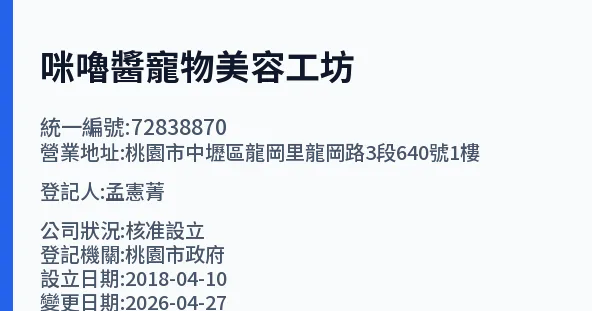 咪嚕醬寵物美容工坊的照片-統編 72838870(桃園市) 公司登記資料與營業項目詳細圖表