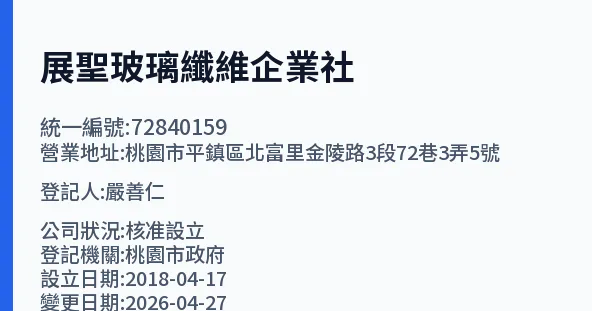 展聖玻璃纖維企業社的照片-統編 72840159(桃園市) 公司登記資料與營業項目詳細圖表