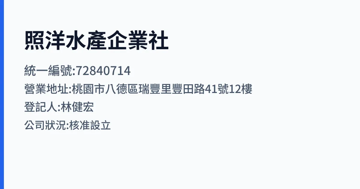 照洋水產企業社 - 統編 72840714(桃園市) 公司登記資料與營業項目詳細圖表