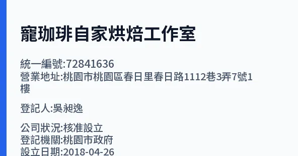 寵珈琲自家烘焙工作室的照片-統編 72841636(桃園市) 公司登記資料與營業項目詳細圖表