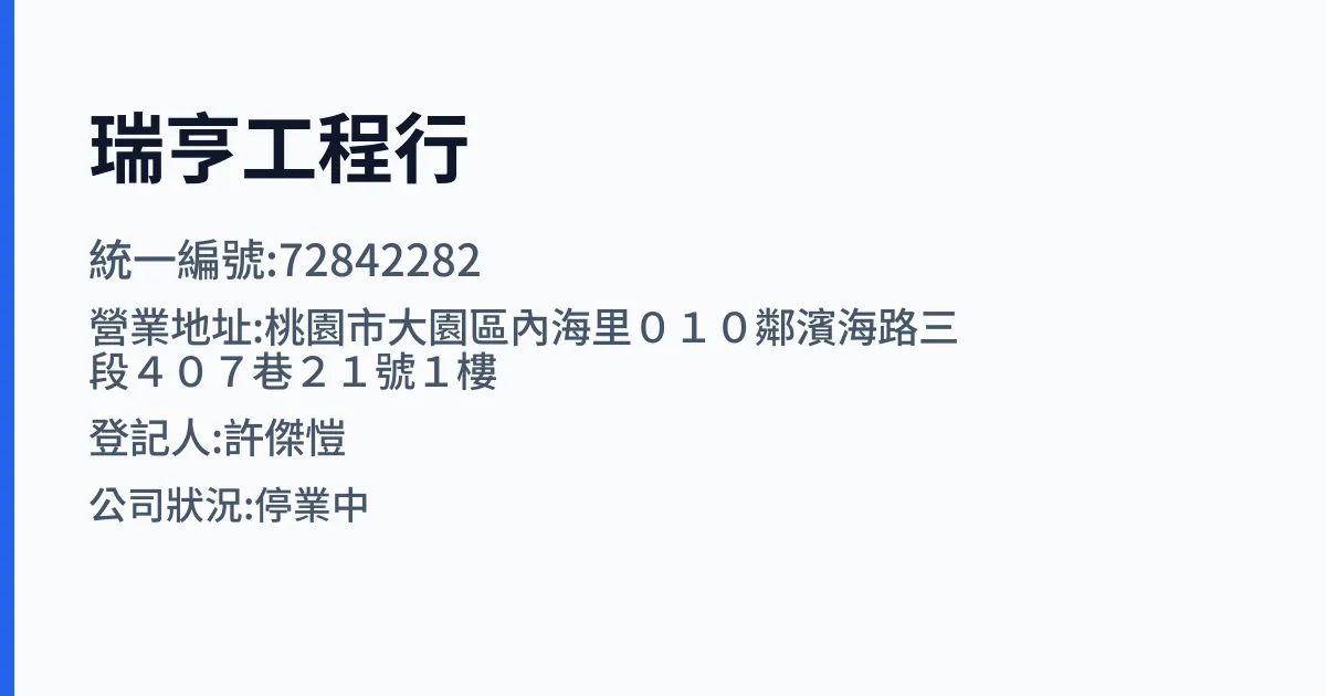 瑞亨工程行 - 統編 72842282(桃園市) 公司登記資料與營業項目詳細圖表
