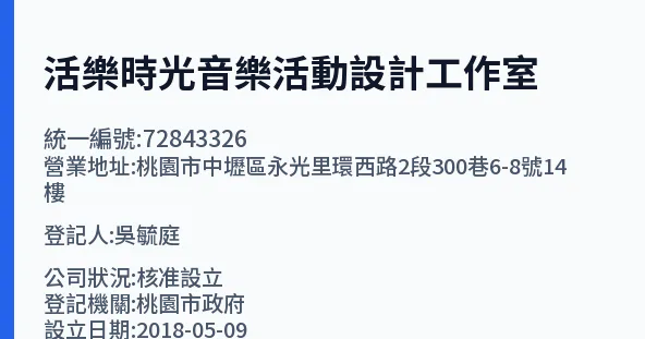 活樂時光音樂活動設計工作室的照片-統編 72843326(桃園市) 公司登記資料與營業項目詳細圖表