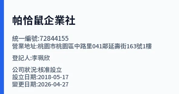 帕恰鼠企業社的照片-統編 72844155(桃園市) 公司登記資料與營業項目詳細圖表