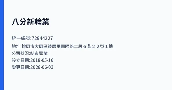 八分新輪業的照片-統編 72844227(桃園市) 公司登記資料與營業項目詳細圖表
