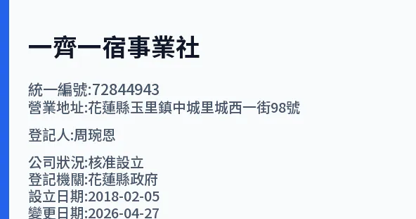 一齊一宿事業社的照片-統編 72844943(花蓮縣) 公司登記資料與營業項目詳細圖表