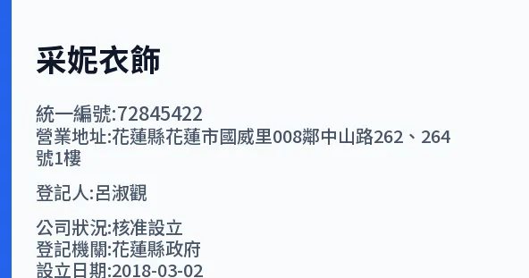 采妮衣飾的照片-統編 72845422(花蓮縣) 公司登記資料與營業項目詳細圖表