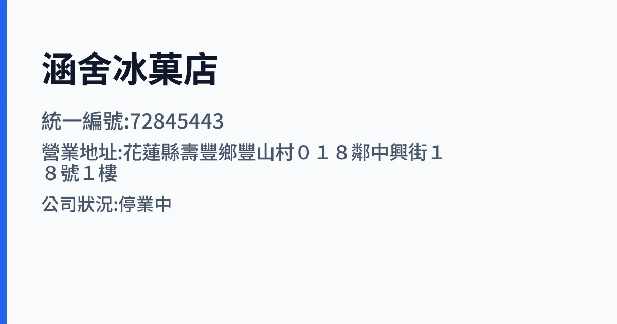涵舍冰菓店 - 統編 72845443(花蓮縣) 公司登記資料與營業項目詳細圖表