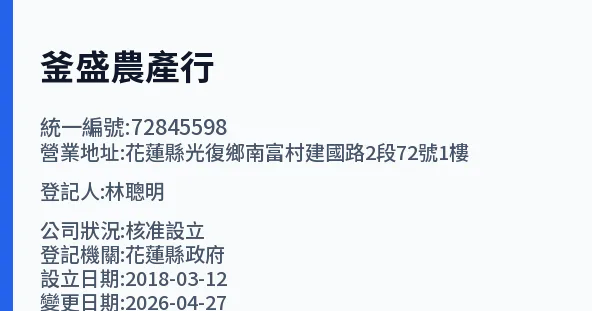 釜盛農產行的照片-統編 72845598(花蓮縣) 公司登記資料與營業項目詳細圖表