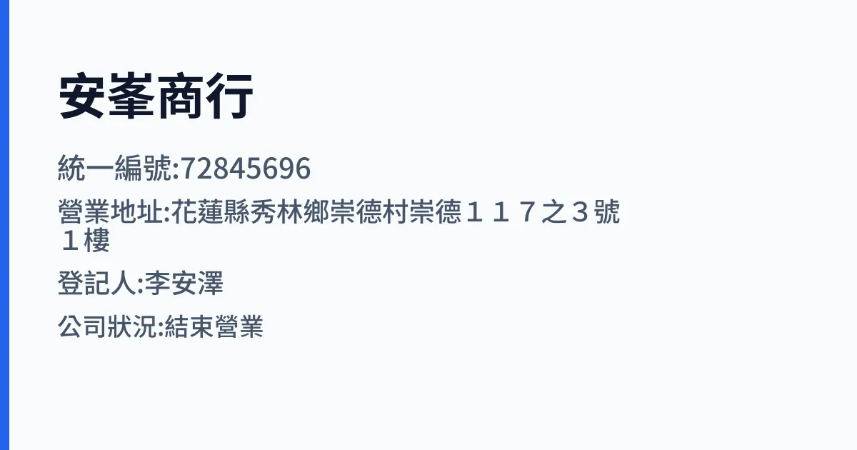 安峯商行 - 統編 72845696(花蓮縣) 公司登記資料與營業項目詳細圖表