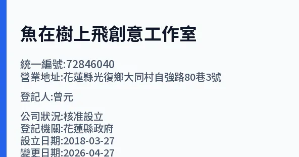 魚在樹上飛創意工作室的照片-統編 72846040(花蓮縣) 公司登記資料與營業項目詳細圖表