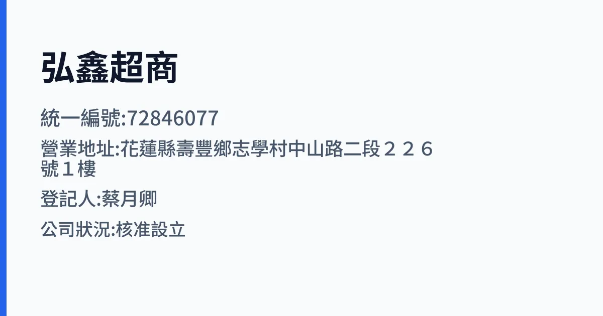 弘鑫超商 - 統編 72846077(花蓮縣) 公司登記資料與營業項目詳細圖表