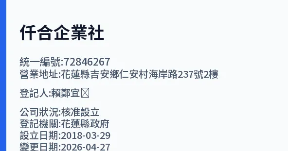 仟合企業社的照片-統編 72846267(花蓮縣) 公司登記資料與營業項目詳細圖表