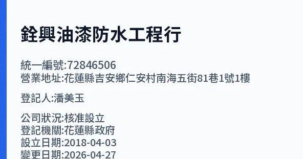 銓興油漆防水工程行的照片-統編 72846506(花蓮縣) 公司登記資料與營業項目詳細圖表