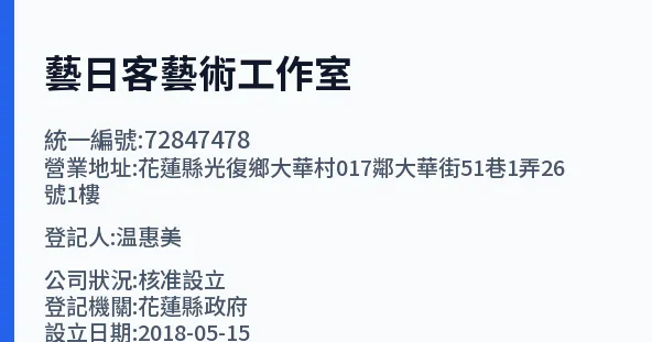 藝日客藝術工作室的照片-統編 72847478(花蓮縣) 公司登記資料與營業項目詳細圖表