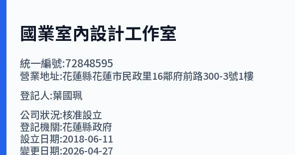 國業室內設計工作室的照片-統編 72848595(花蓮縣) 公司登記資料與營業項目詳細圖表