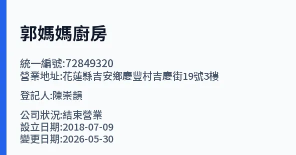 郭媽媽廚房的照片-統編 72849320(花蓮縣) 公司登記資料與營業項目詳細圖表