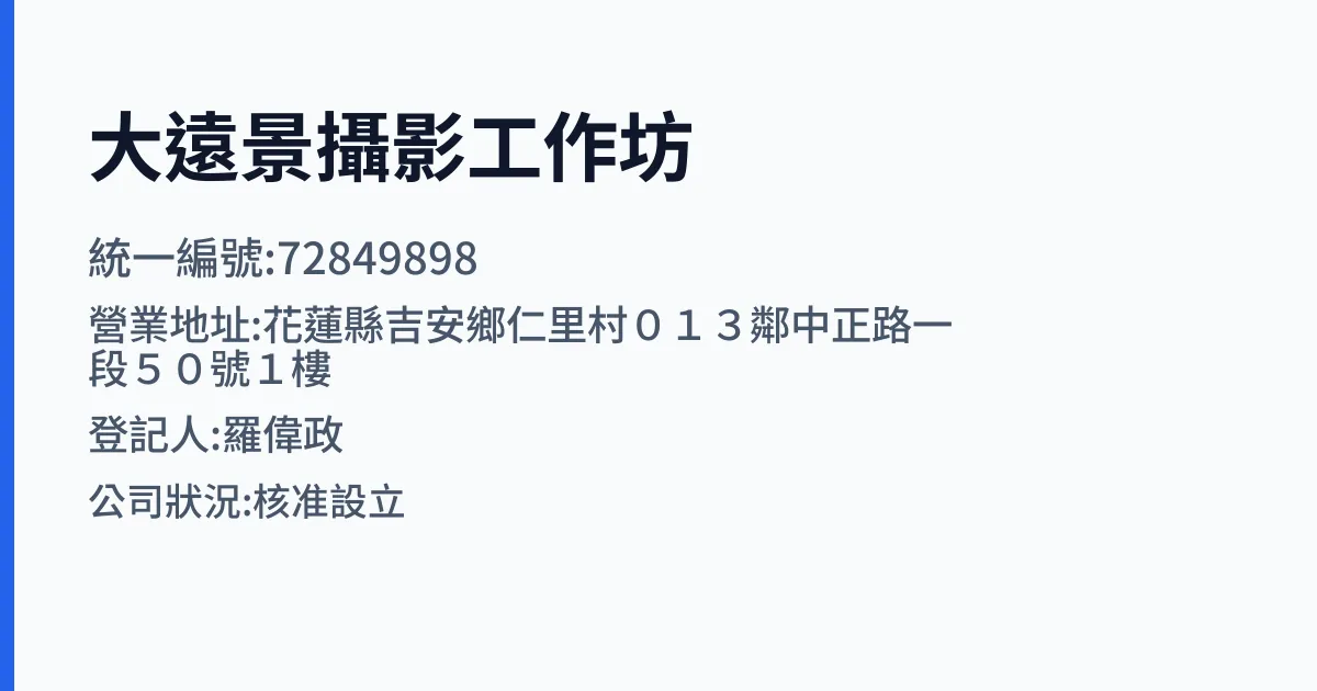 大遠景攝影工作坊 - 統編 72849898(花蓮縣) 公司登記資料與營業項目詳細圖表