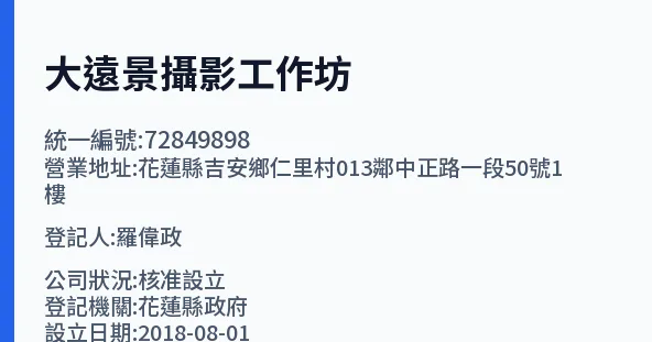 大遠景攝影工作坊的照片-統編 72849898(花蓮縣) 公司登記資料與營業項目詳細圖表