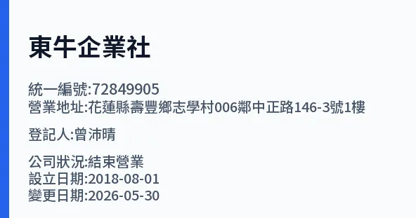 東牛企業社的照片-統編 72849905(花蓮縣) 公司登記資料與營業項目詳細圖表