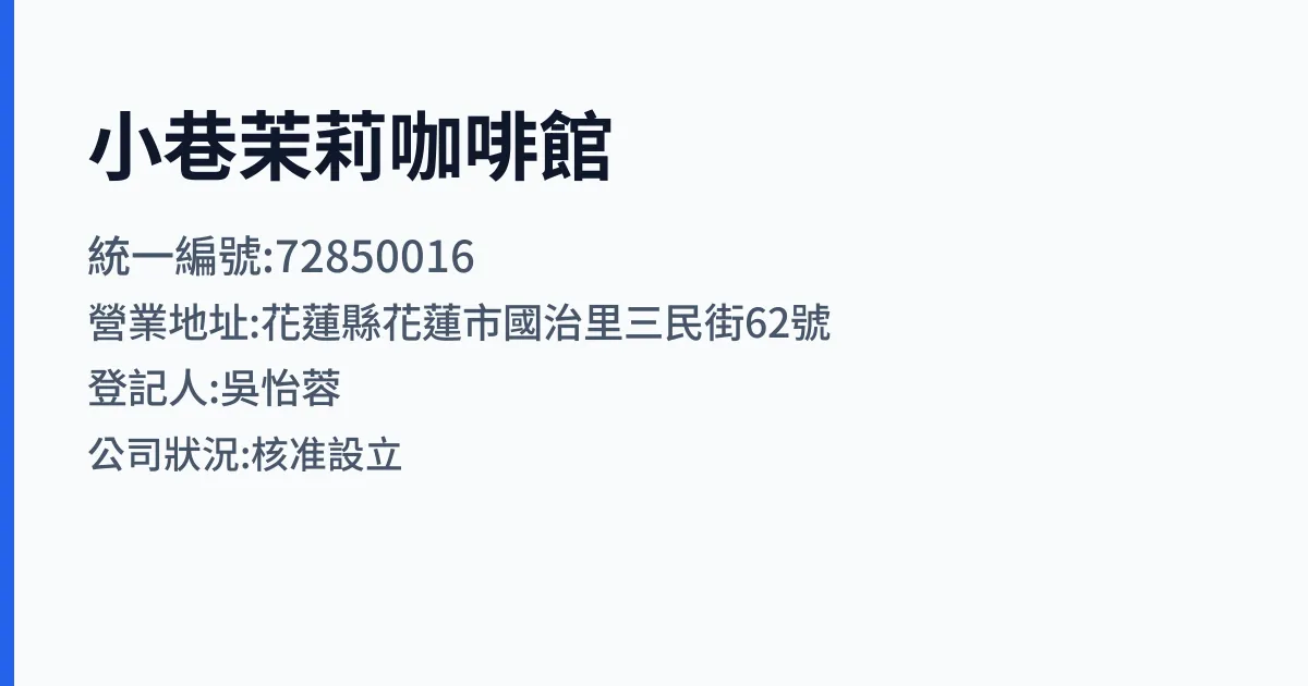 小巷茉莉咖啡館 - 統編 72850016(花蓮縣) 公司登記資料與營業項目詳細圖表
