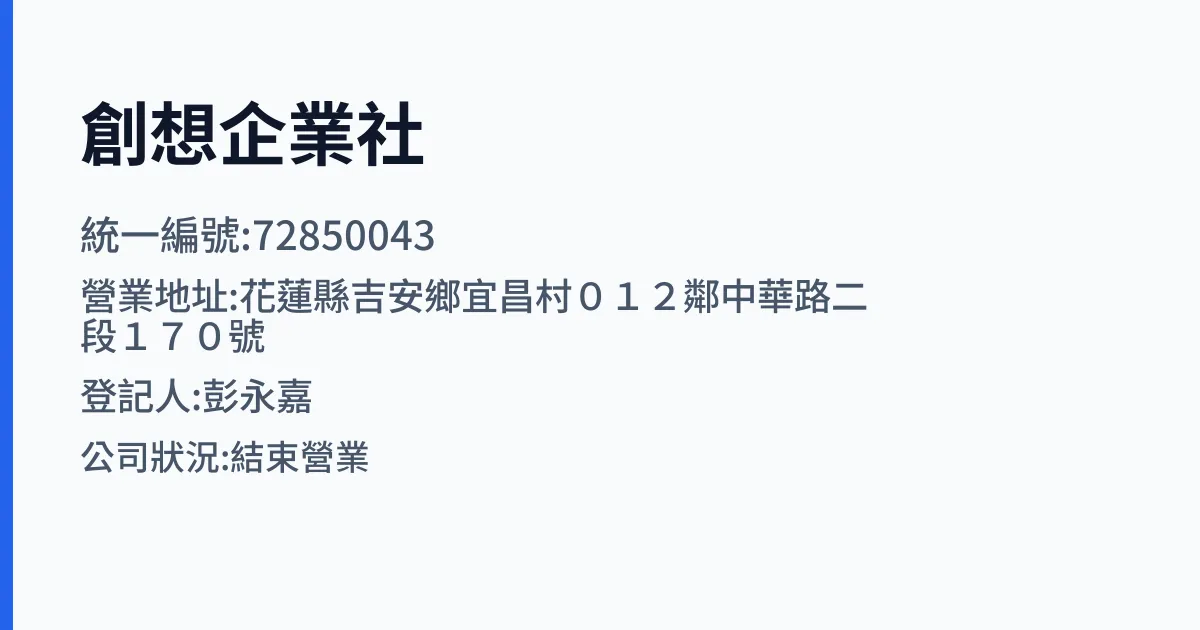 創想企業社 - 統編 72850043(花蓮縣) 公司登記資料與營業項目詳細圖表