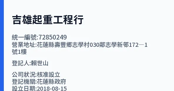 吉雄起重工程行的照片-統編 72850249(花蓮縣) 公司登記資料與營業項目詳細圖表