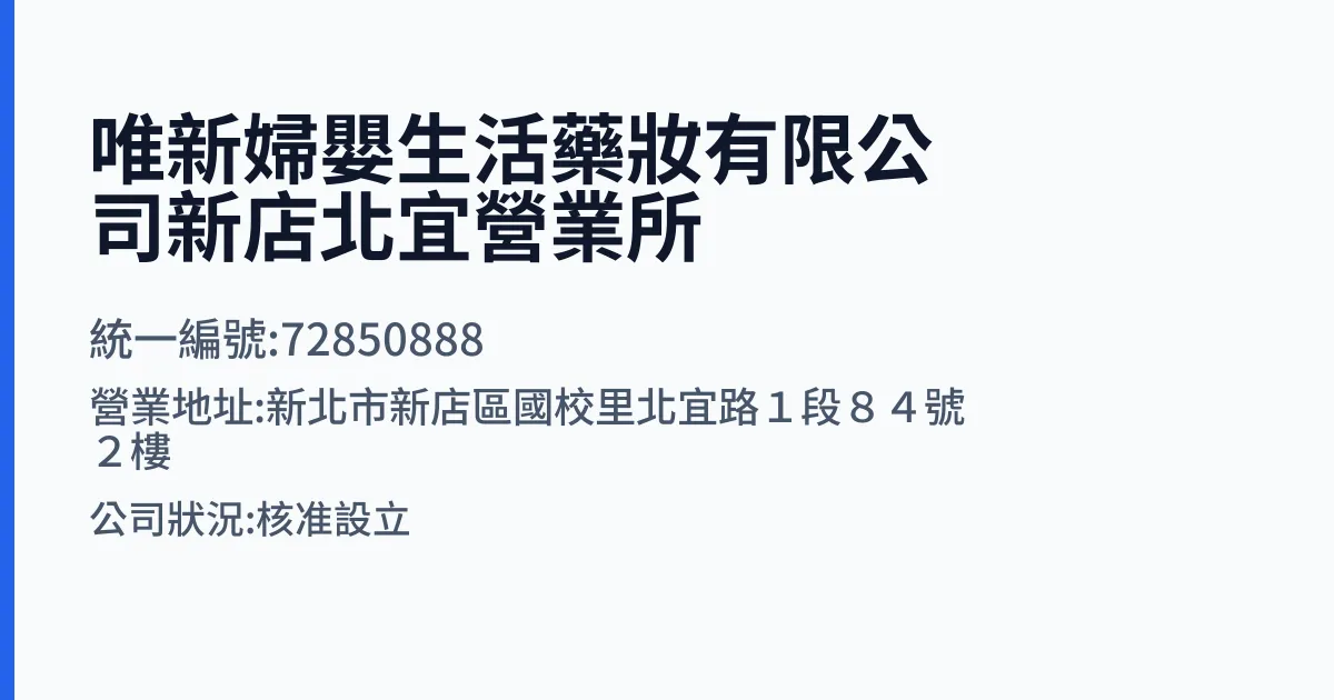 唯新婦嬰生活藥妝有限公司新店北宜營業所 - 統編 72850888(新北市) 公司登記資料與營業項目詳細圖表