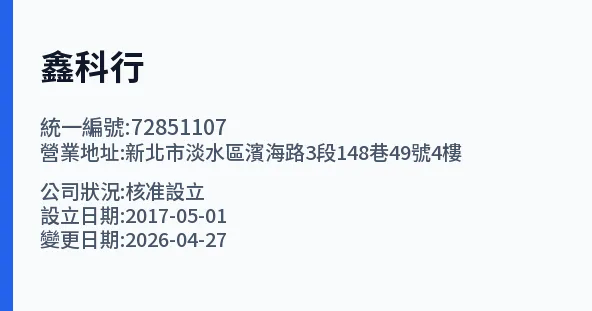 鑫科行的照片-統編 72851107(新北市) 公司登記資料與營業項目詳細圖表