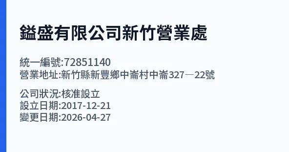 鎰盛有限公司新竹營業處的照片-統編 72851140(新竹縣) 公司登記資料與營業項目詳細圖表