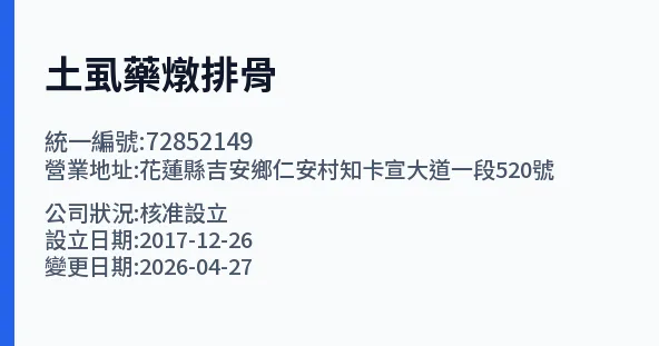 土虱藥燉排骨的照片-統編 72852149(花蓮縣) 公司登記資料與營業項目詳細圖表