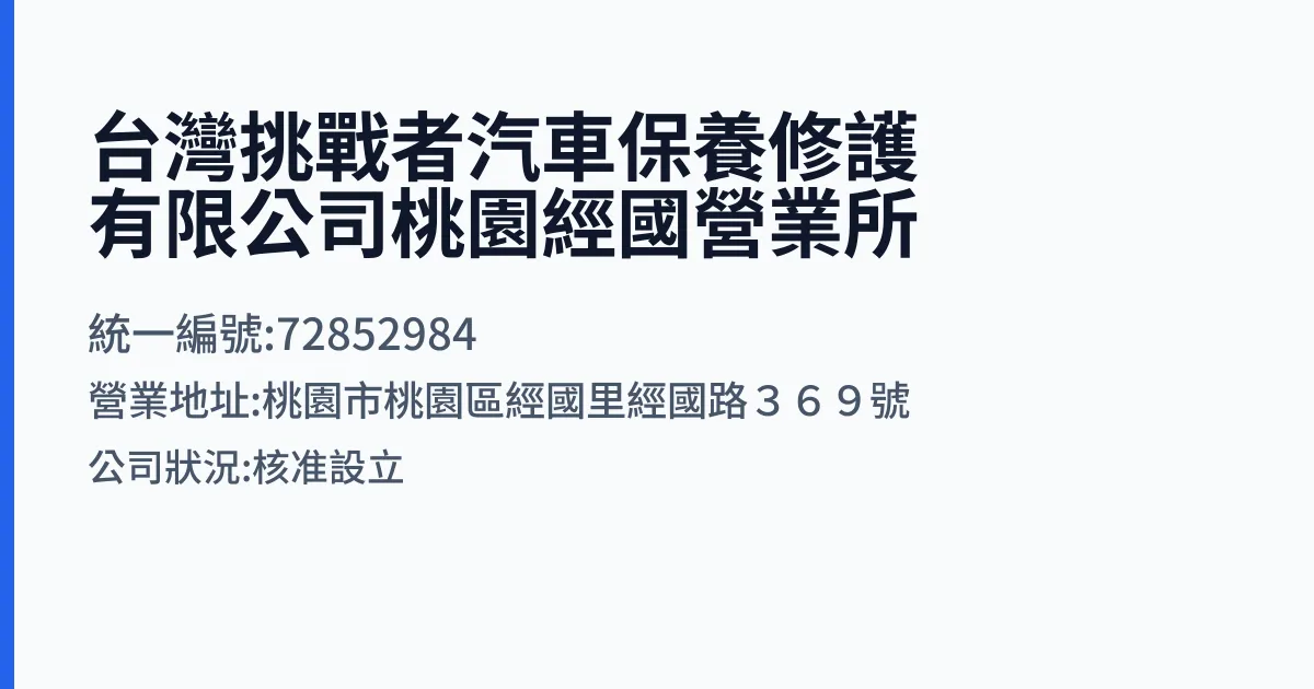 台灣挑戰者汽車保養修護有限公司桃園經國營業所 - 統編 72852984(桃園市) 公司登記資料與營業項目詳細圖表