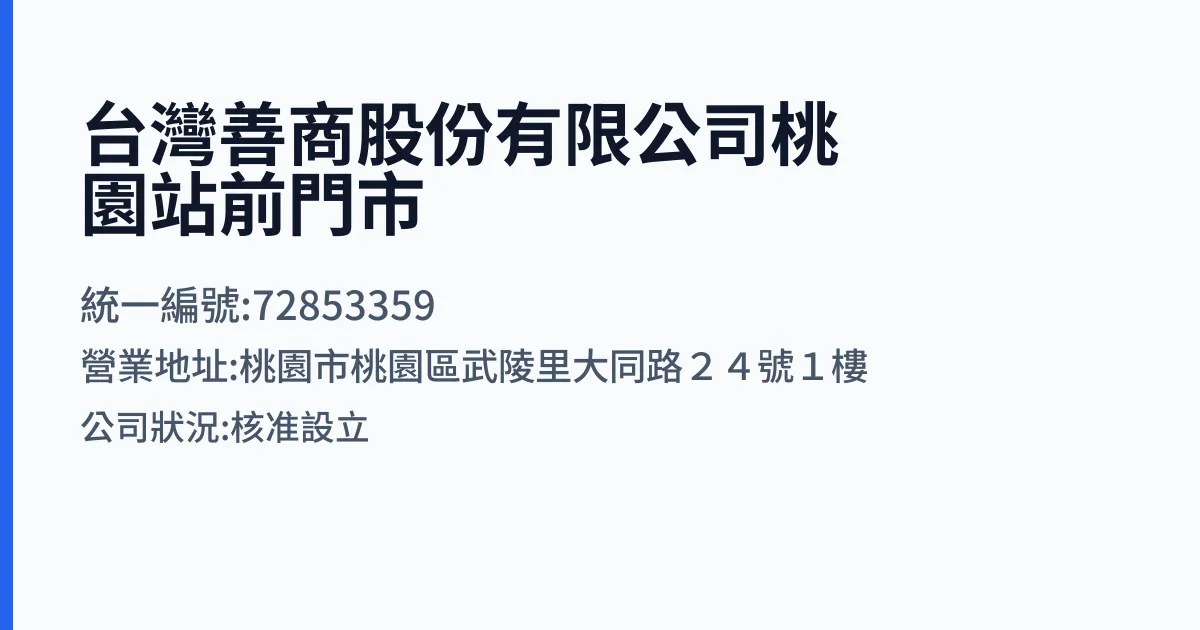 台灣善商股份有限公司桃園站前門市 - 統編 72853359(桃園市) 公司登記資料與營業項目詳細圖表