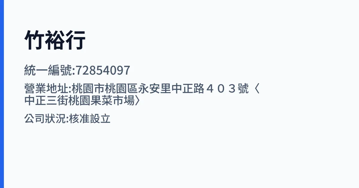 竹裕行 - 統編 72854097（桃園市） 公司登記資料與營業項目詳細圖表