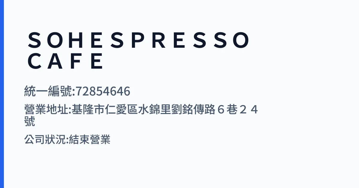 SOHESPRESSOCAFE - 統編 72854646(基隆市) 公司登記資料與營業項目詳細圖表