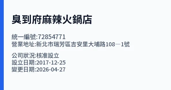 臭到府麻辣火鍋店的照片-統編 72854771(新北市) 公司登記資料與營業項目詳細圖表