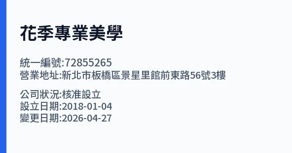 花季專業美學的照片-統編 72855265(新北市) 公司登記資料與營業項目詳細圖表