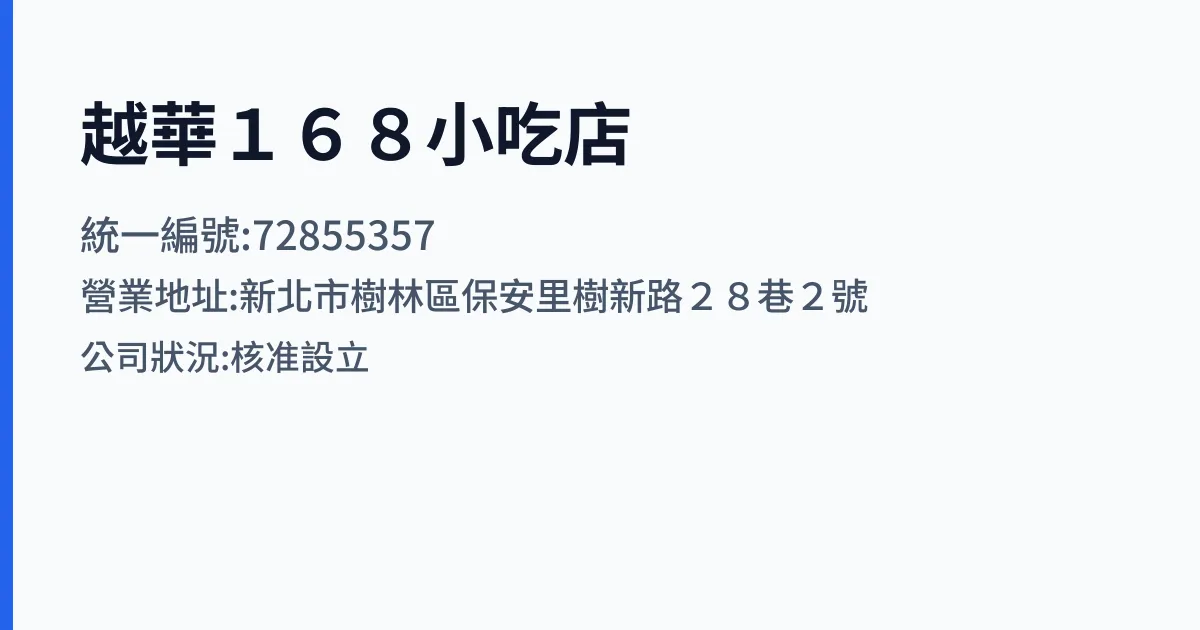 越華１６８小吃店 - 統編 72855357(新北市) 公司登記資料與營業項目詳細圖表