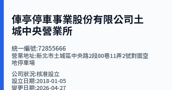 俥亭停車事業股份有限公司土城中央營業所的照片-統編 72855666(新北市) 公司登記資料與營業項目詳細圖表