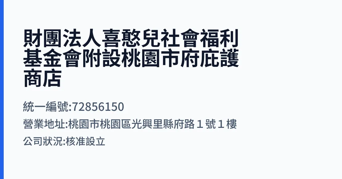 財團法人喜憨兒社會福利基金會附設桃園市府庇護商店 - 統編 72856150(桃園市) 公司登記資料與營業項目詳細圖表