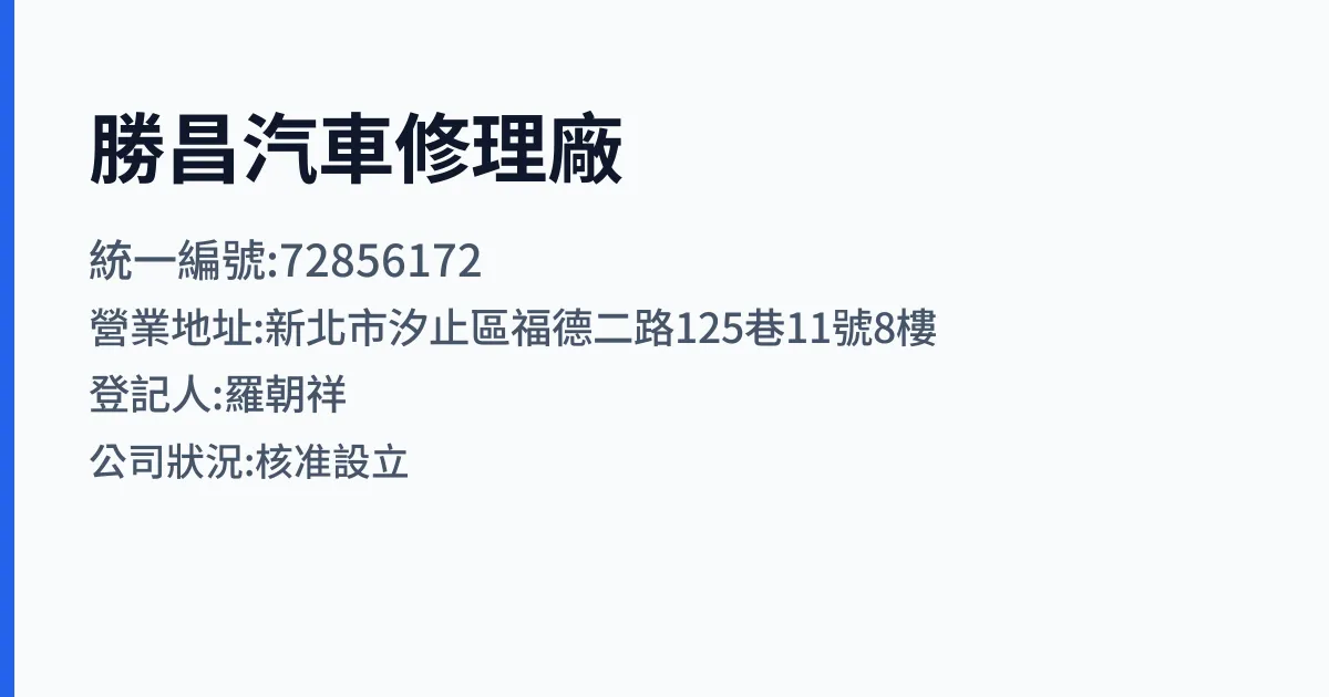 勝昌汽車修理廠 - 統編 72856172(新北市) 公司登記資料與營業項目詳細圖表